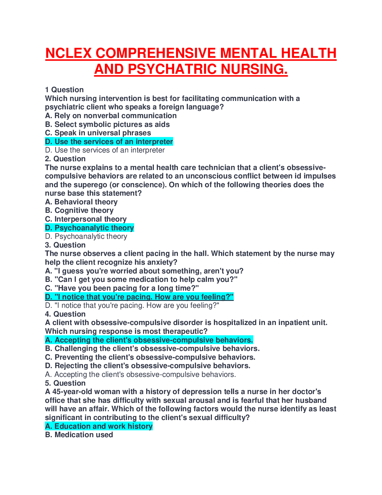 NCLEX COMPREHENSIVE MENTAL HEALTH AND PSYCHATRIC NURSING EXAM ...