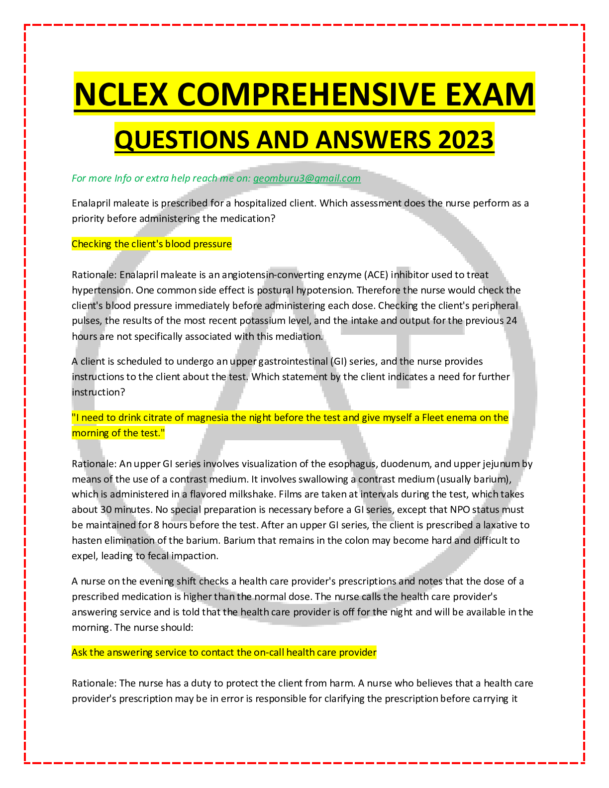 NCLEX COMPREHENSIVE EXAM QUESTIONS AND ANSWERS 2023 - Scholarfriends