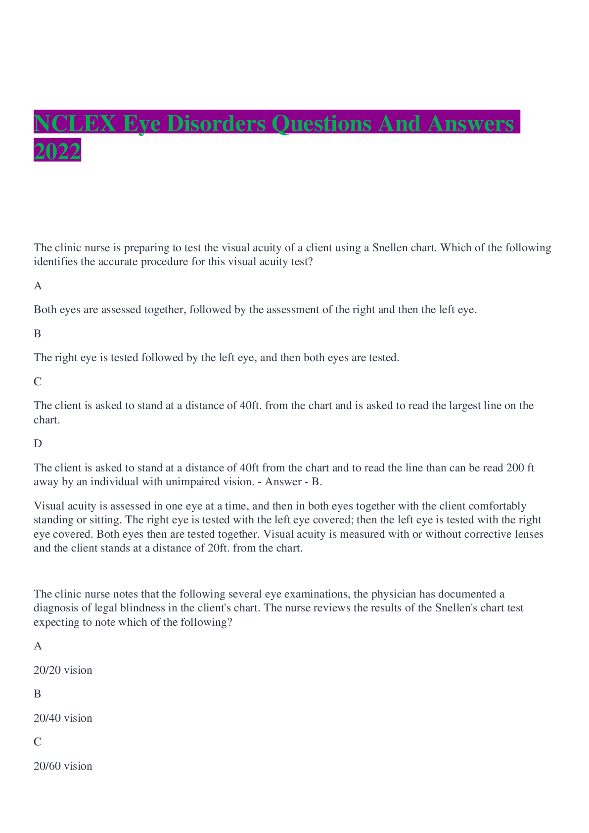 NCLEX Eye Disorders Questions And Answers 2022 - Scholarfriends