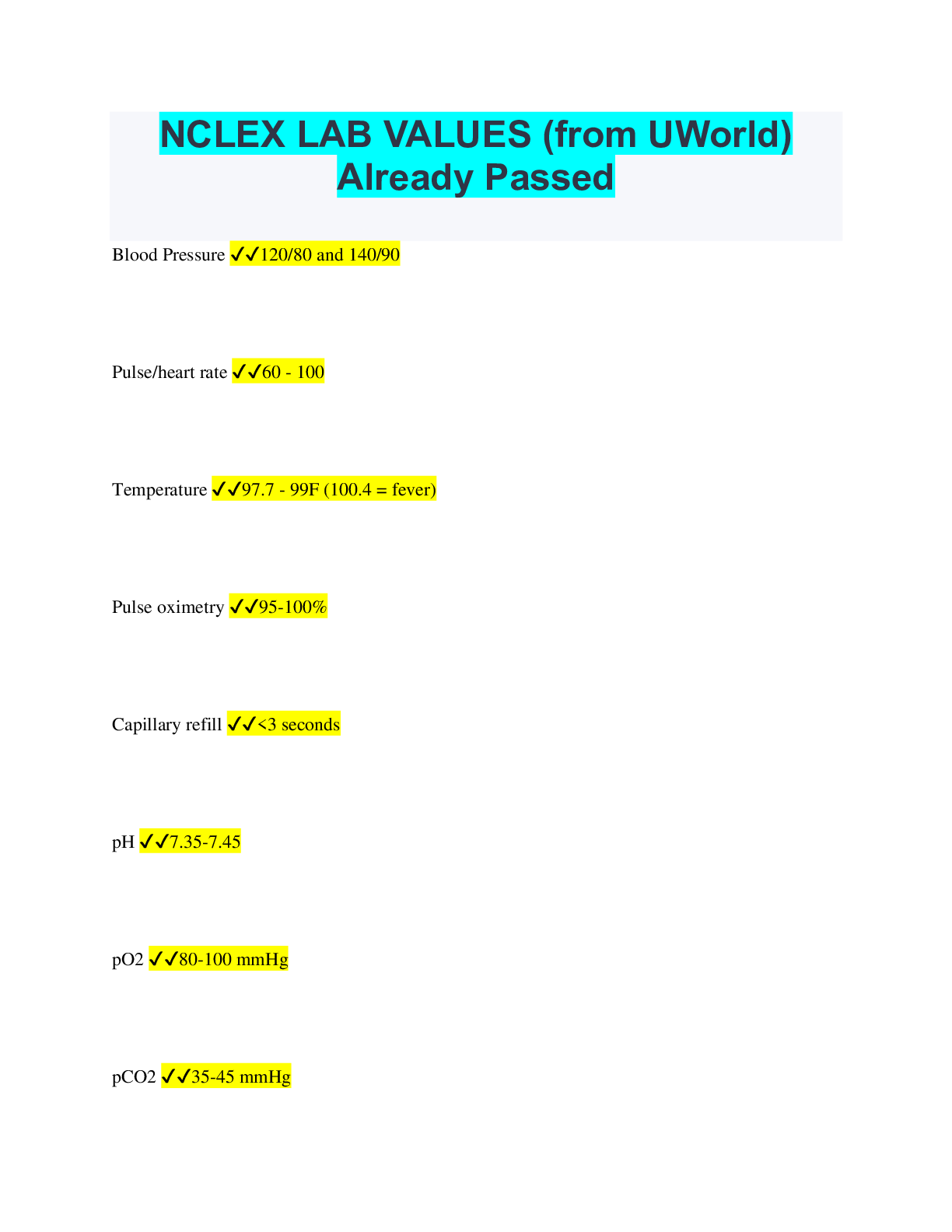 NCLEX LAB VALUES (from UWorld) Already Passed - Scholarfriends