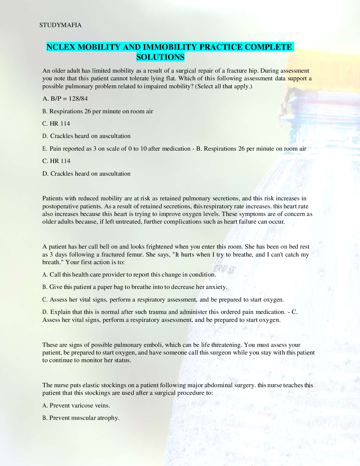 NCLEX MOBILITY AND IMMOBILITY PRACTICE COMPLETE SOLUTIONS ...