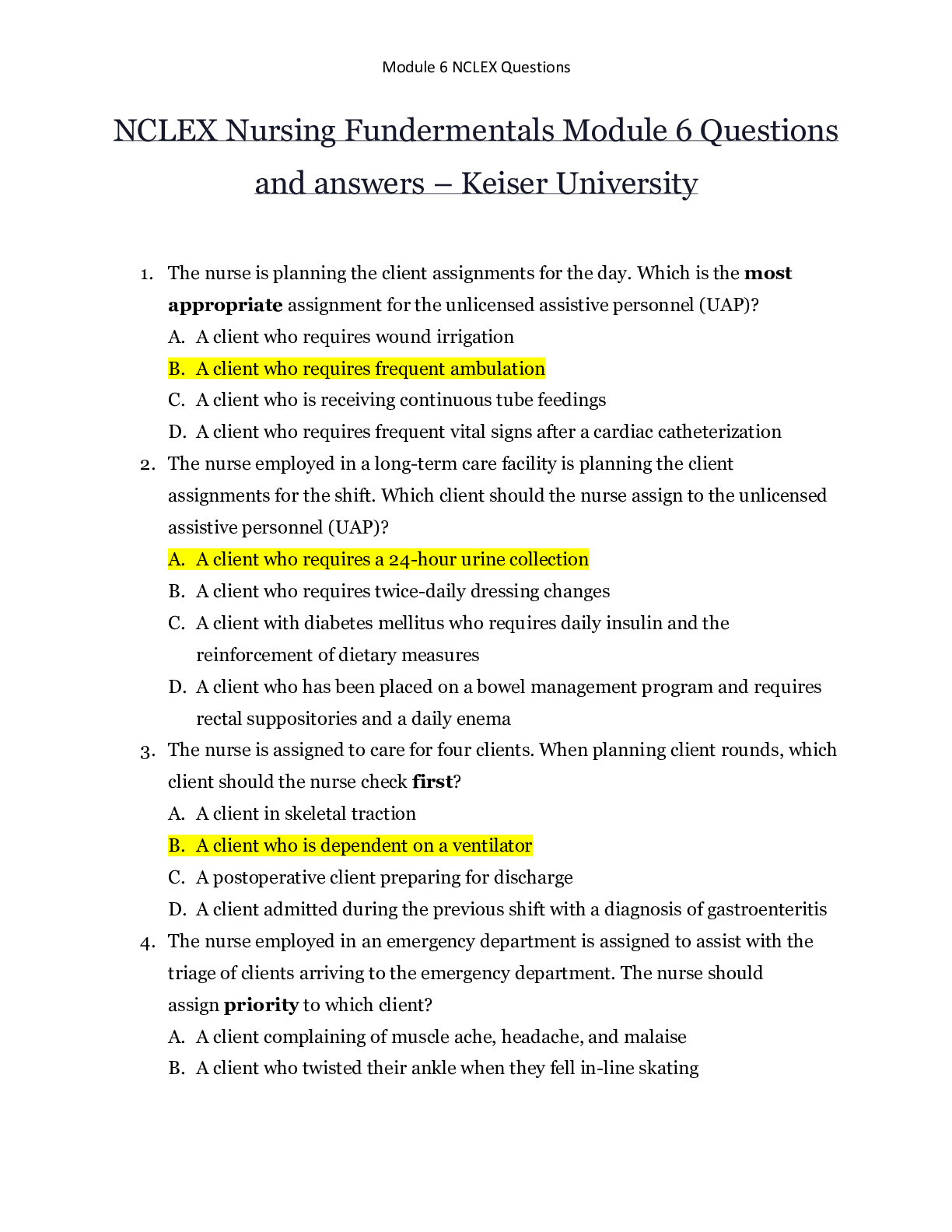 NCLEX Nursing Fundamentals Module 6 Questions and answers {100% ...