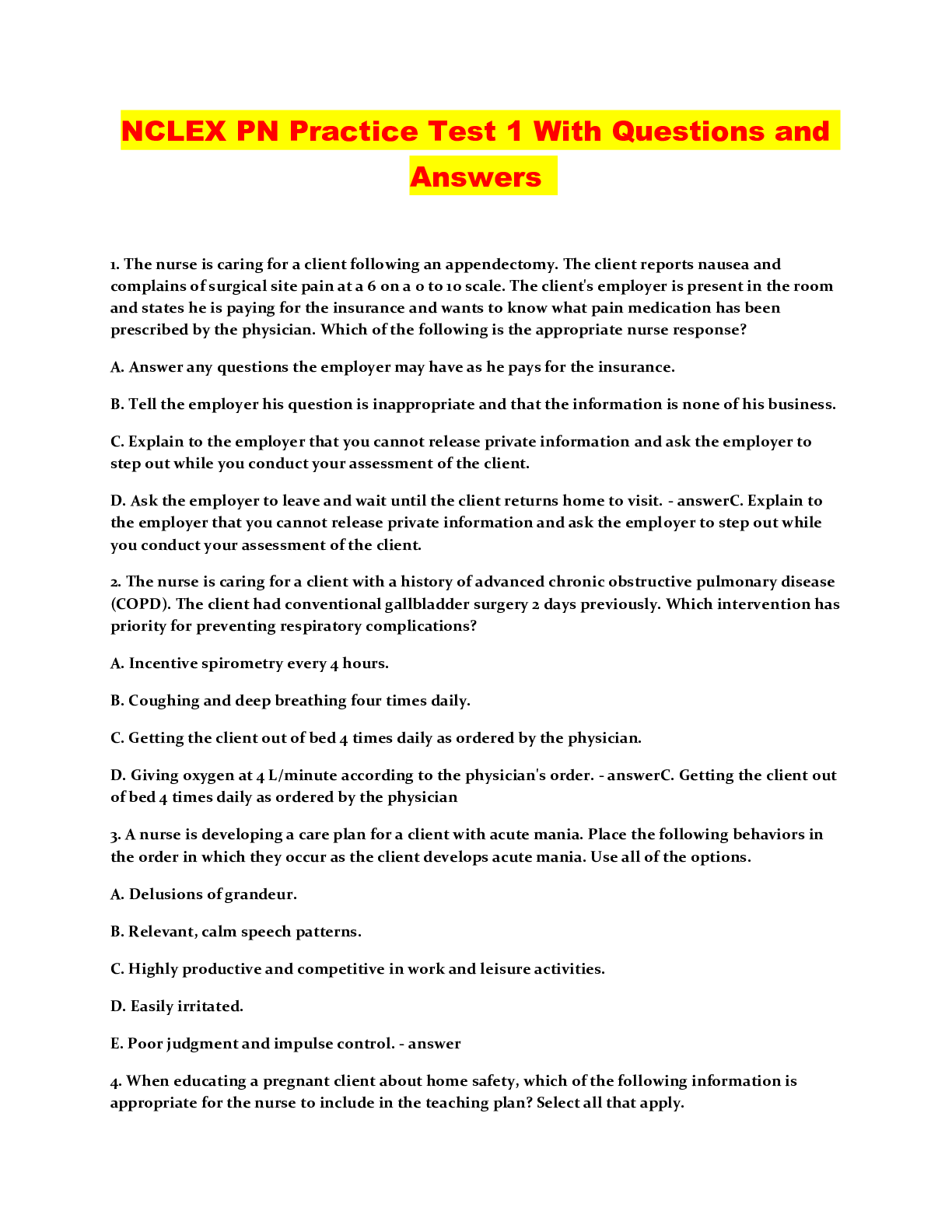 NCLEX PN Practice Test 1 With Questions and Answers - Scholarfriends