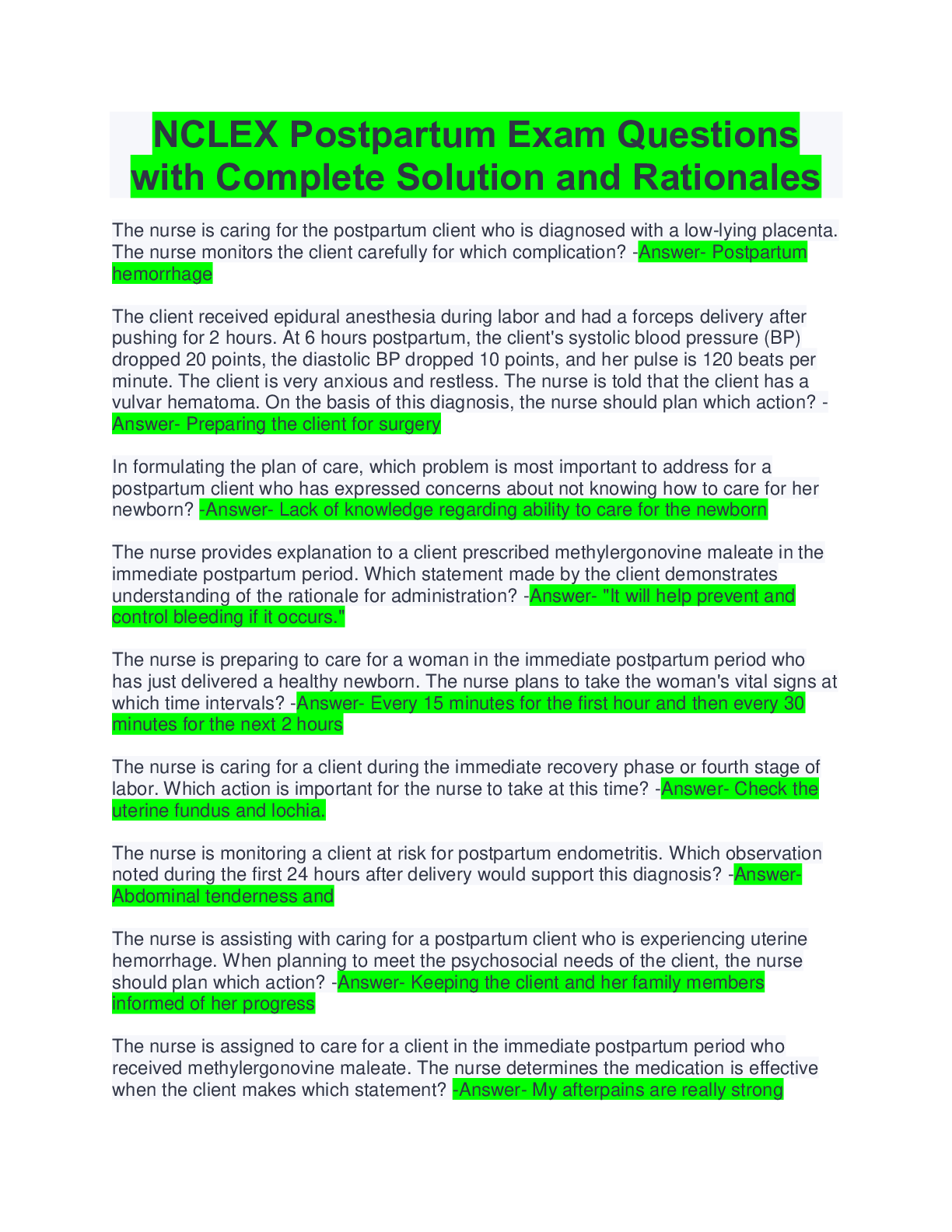 NCLEX Postpartum Exam Questions with Complete Solution and Rationales ...