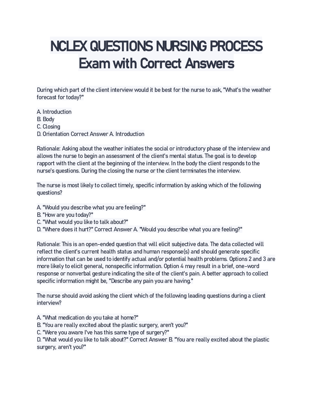 NCLEX QUESTIONS NURSING PROCESS Exam with Correct Answers - Scholarfriends