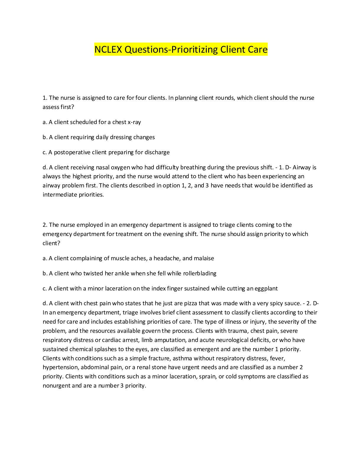 NCLEX Questions-Prioritizing Client Care - Scholarfriends