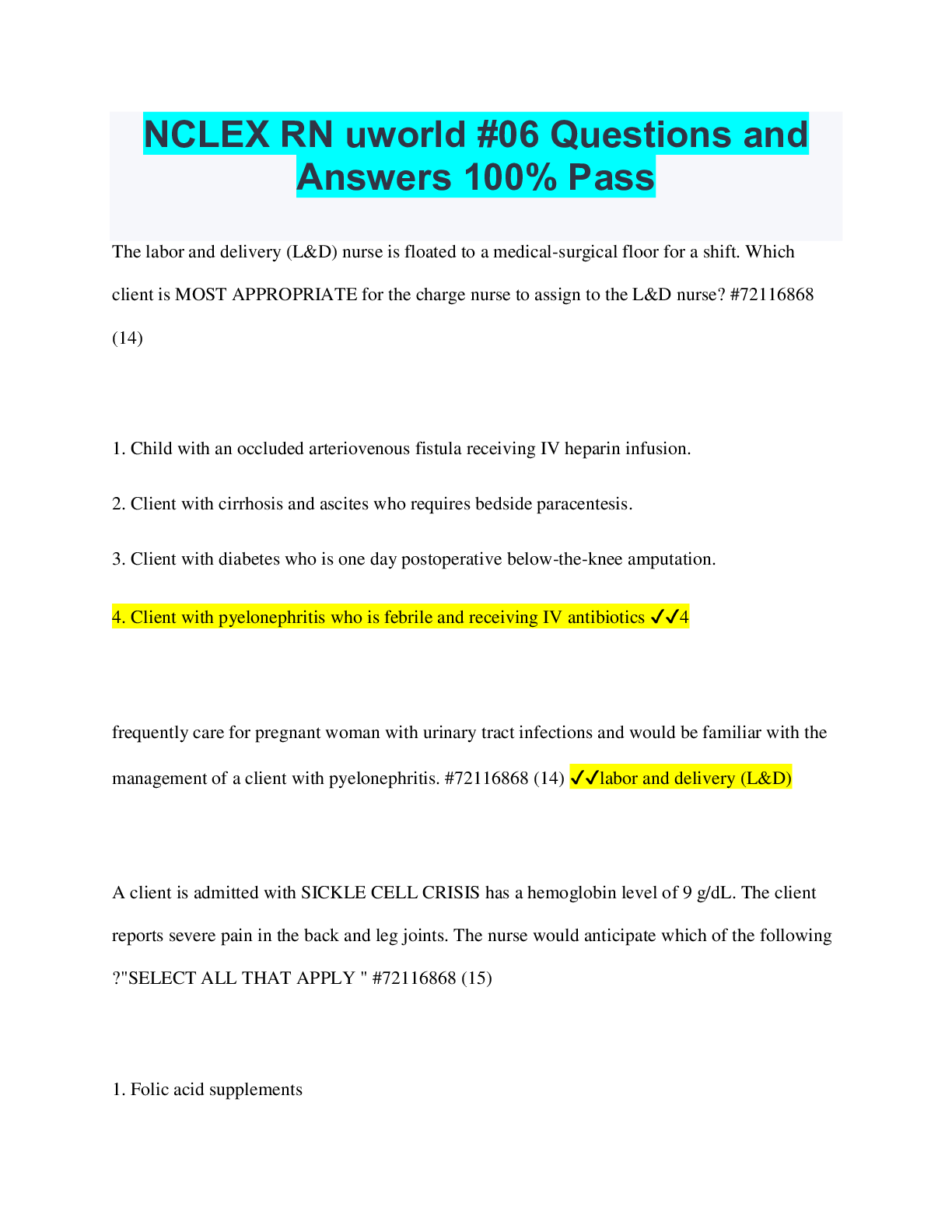 NCLEX RN uworld #06 Questions and Answers 100% Pass - Scholarfriends