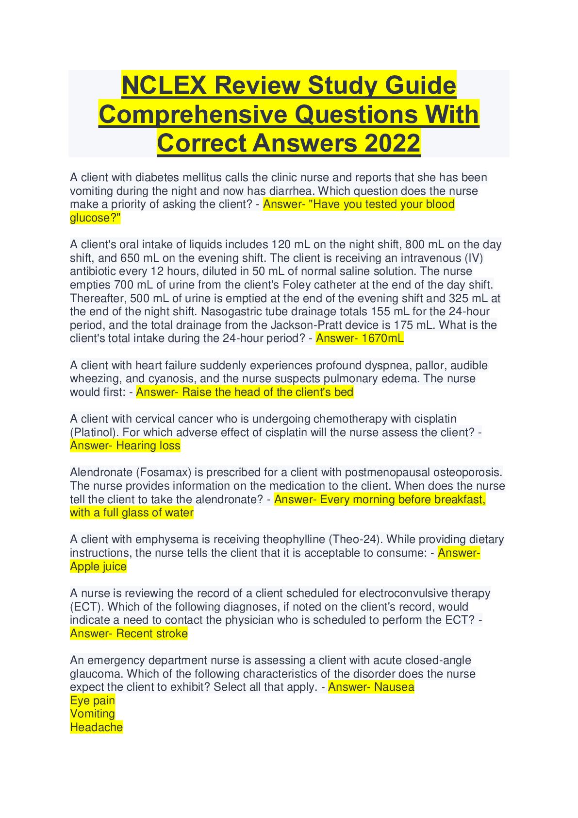 NCLEX Review Study Guide Comprehensive Questions With Correct Answers ...