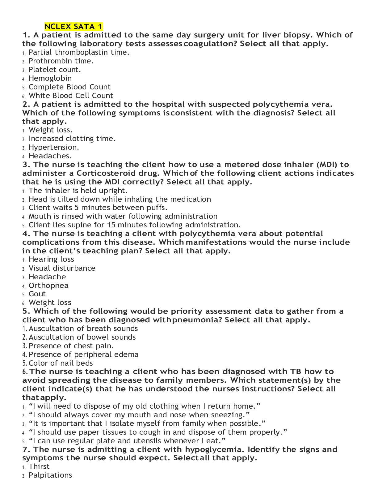 NCLEX SATA 1-5 - A Complete and Comprehensive Select All That Apply ...