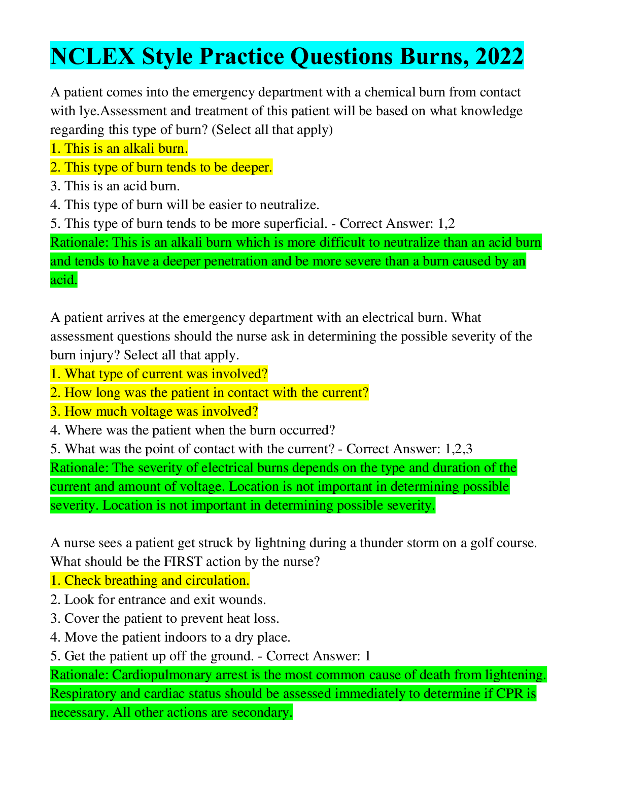 NCLEX Style Practice Questions Burns, 2022 - Scholarfriends