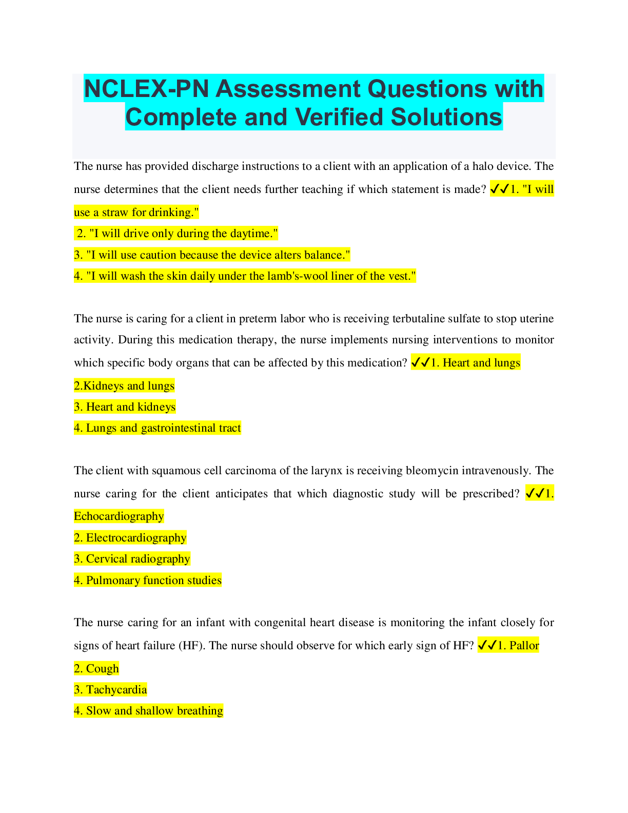NCLEX-PN Assessment Questions with Complete and Verified Solutions ...