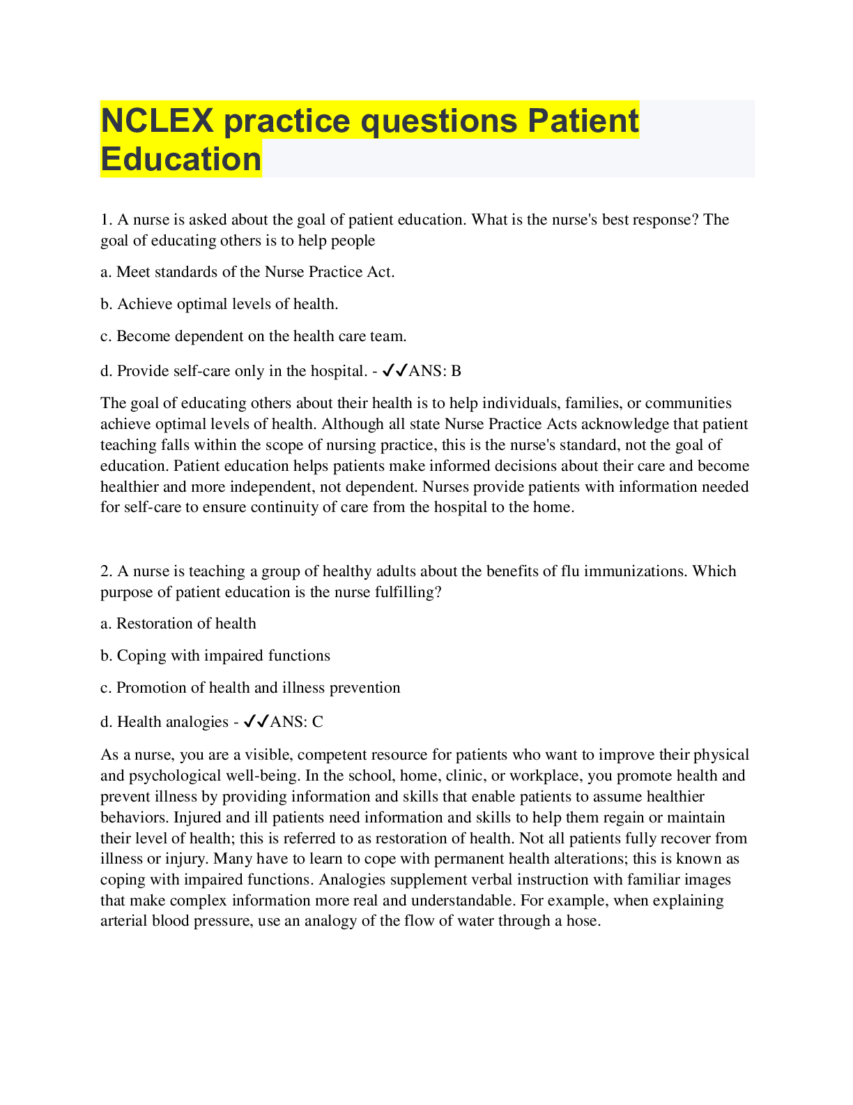 NCLEX PRACTICE QUESTIONS PATIENT EDUCATION| CHAPTER 25: PATIENT EDUC ...