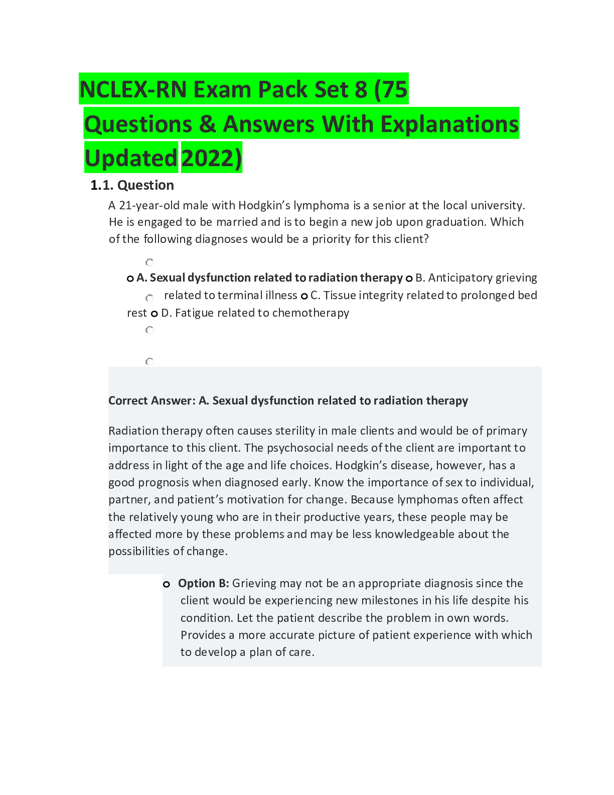 NCLEX-RN Exam Pack Set 8 (75Questions & Answers With Explanation ...
