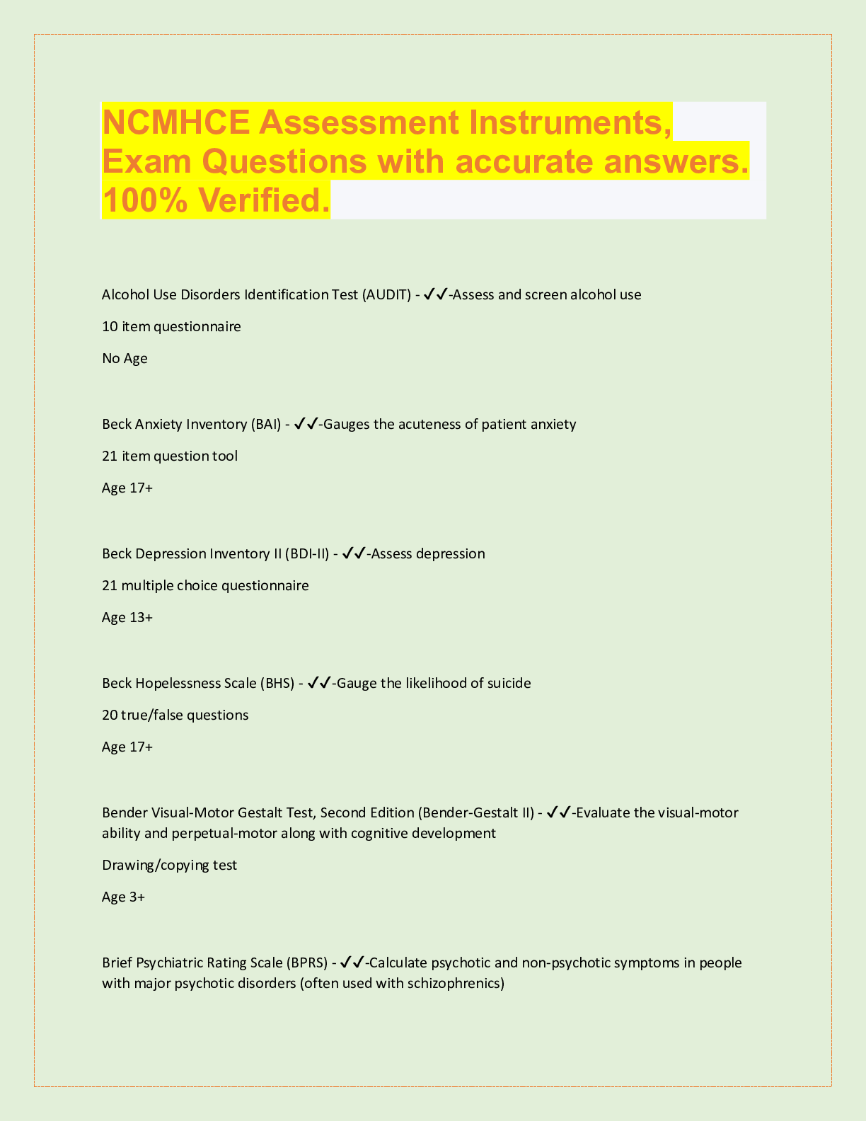 NCMHCE Assessment Instruments, Exam Questions with accurate answers ...