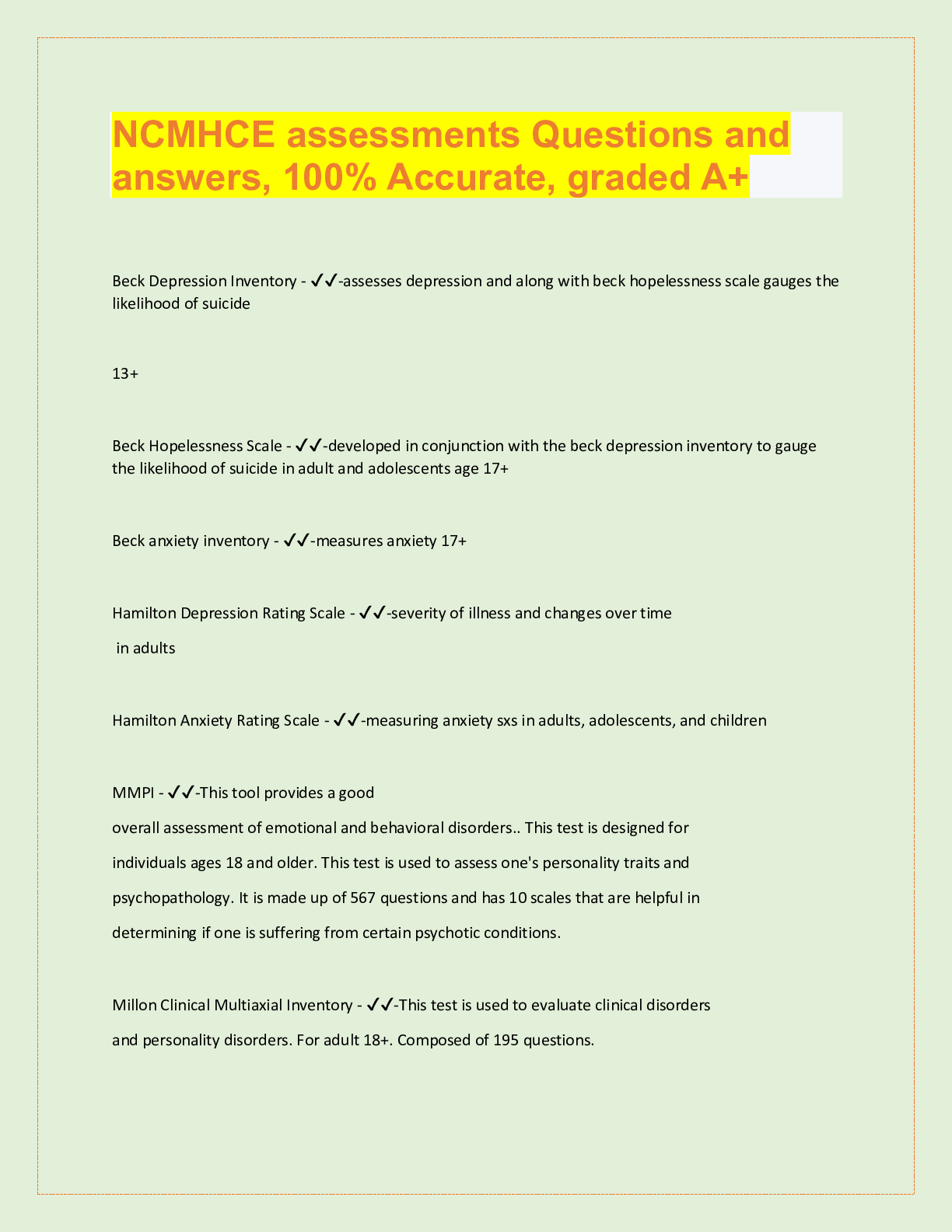 NCMHCE assessments Questions and answers, 100% Accurate, graded A+ ...