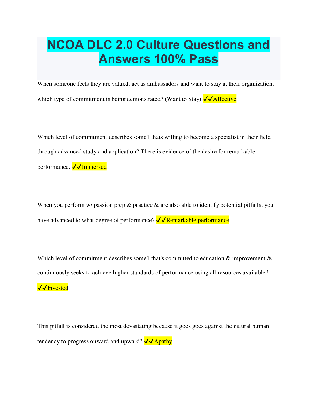 NCOA DLC 2.0 Culture Questions and Answers 100% Pass - Scholarfriends