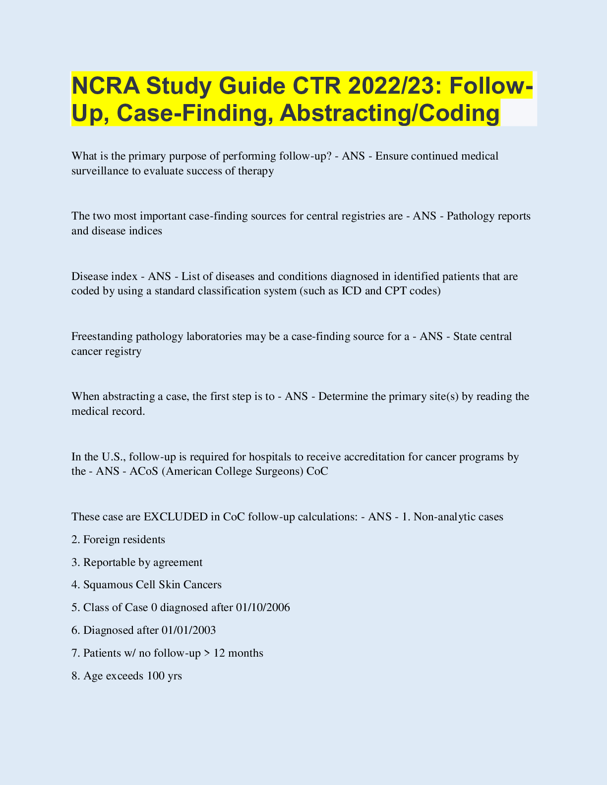 NCRA Study Guide CTR 2022/23: Follow-Up, Case-Finding, Abstracting ...