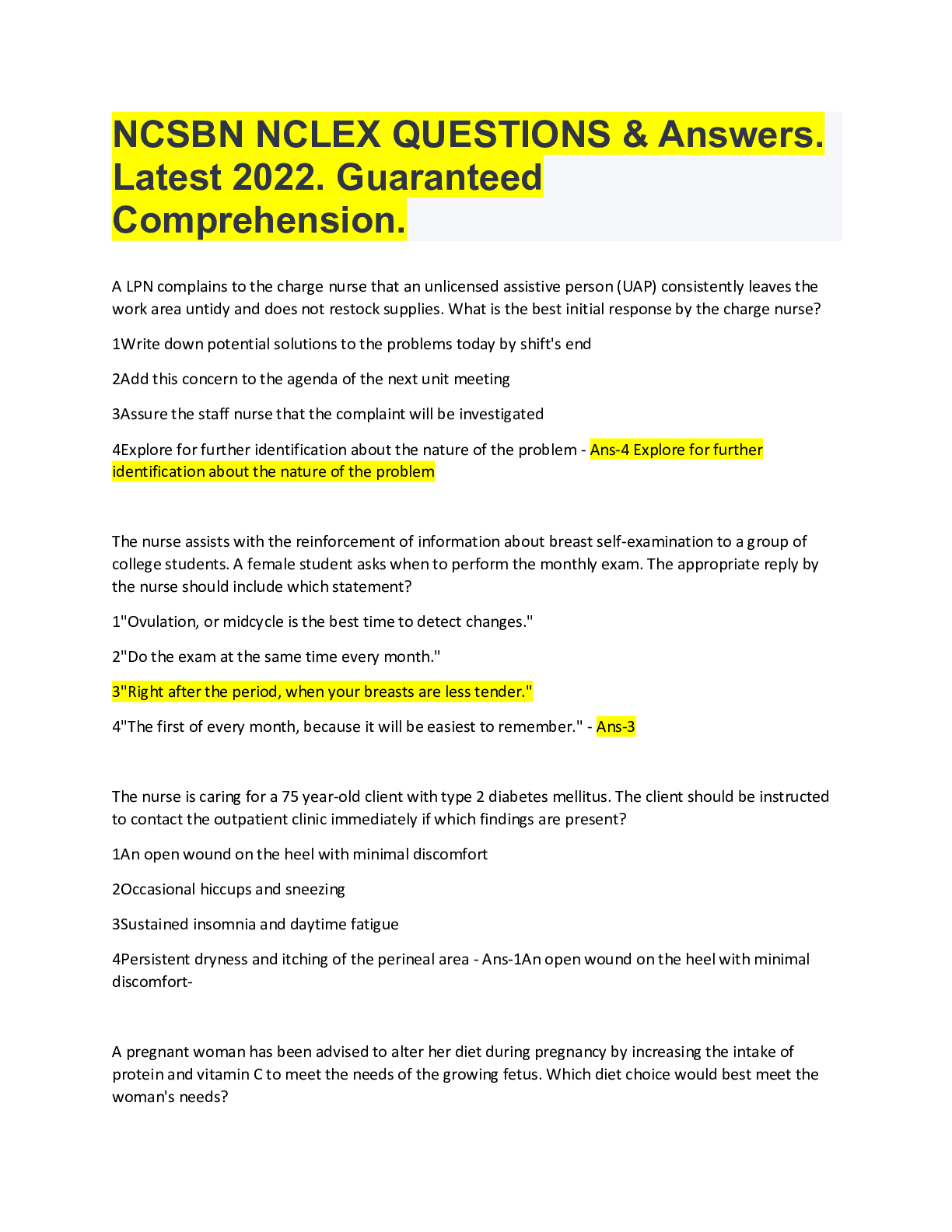 NCSBN NCLEX QUESTIONS & Answers. Latest 2022. Guaranteed Comprehension ...