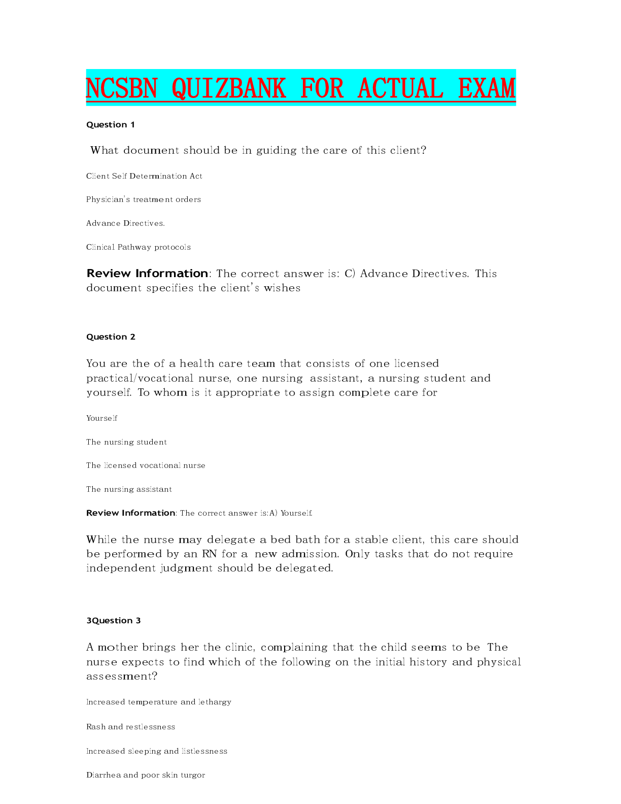 NCSBN QUIZBANK FOR ACTUAL EXAM QUESTIONS AND ANSWERS VERIFIED AND
