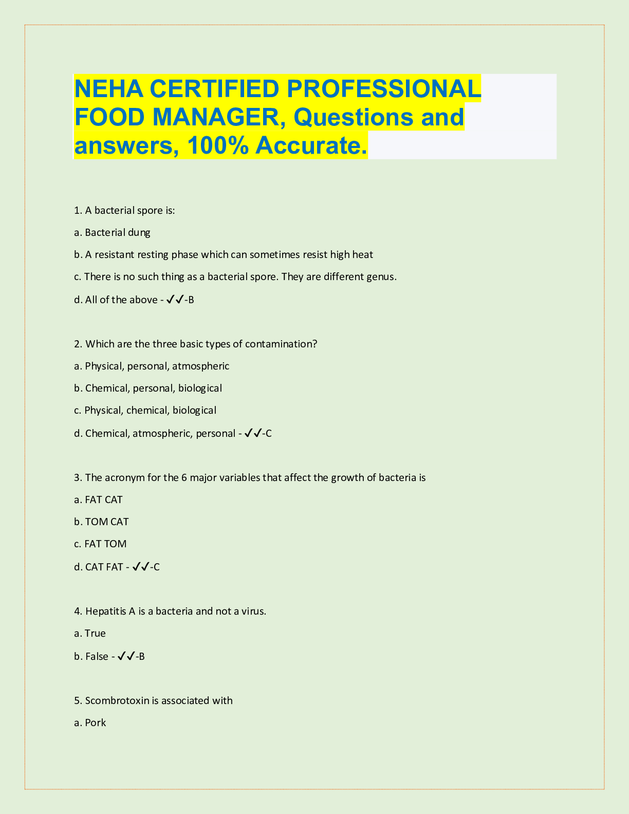 NEHA CERTIFIED PROFESSIONAL FOOD MANAGER | 90 Questions with 100% ...
