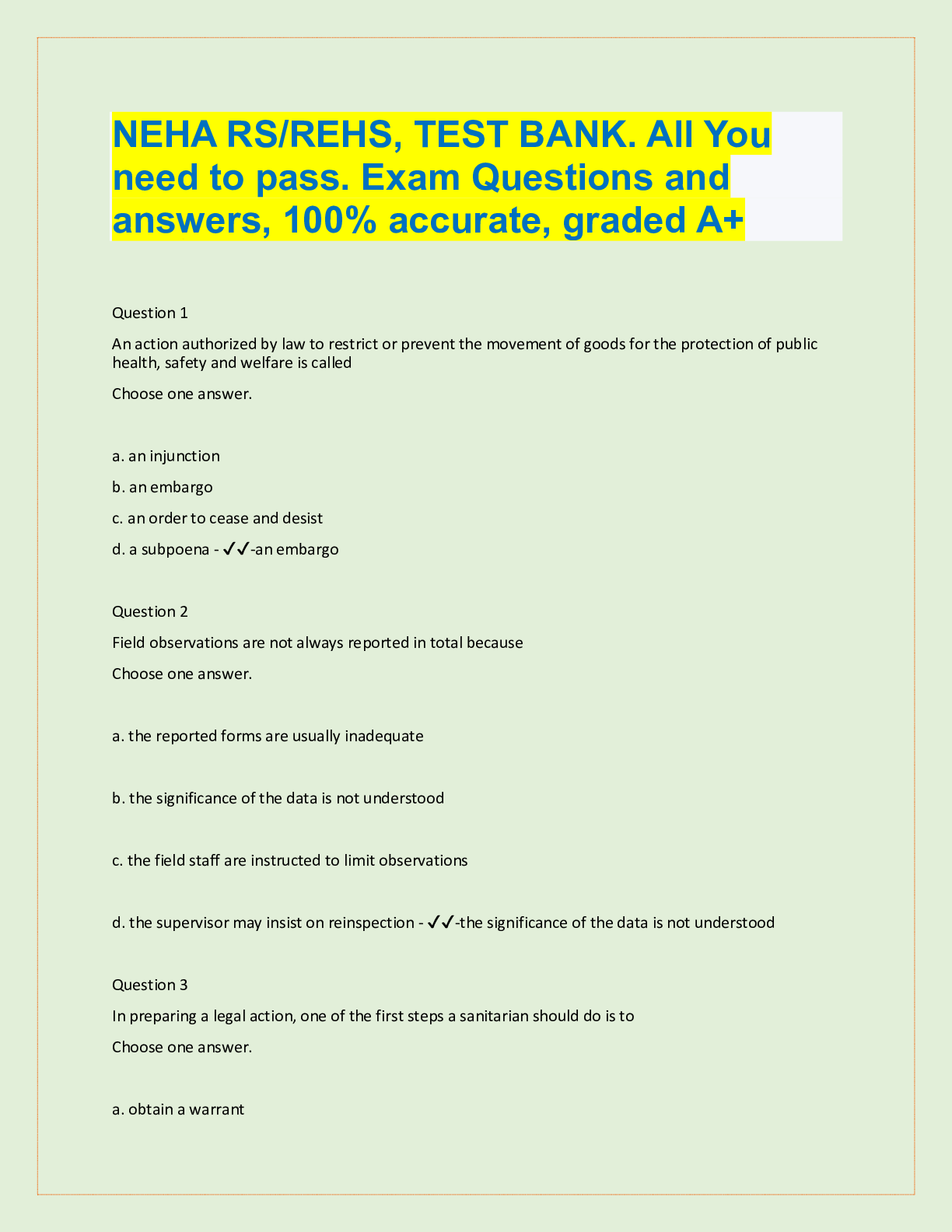 NEHA RS/REHS, TEST BANK. All You need to pass. Exam Questions and ...
