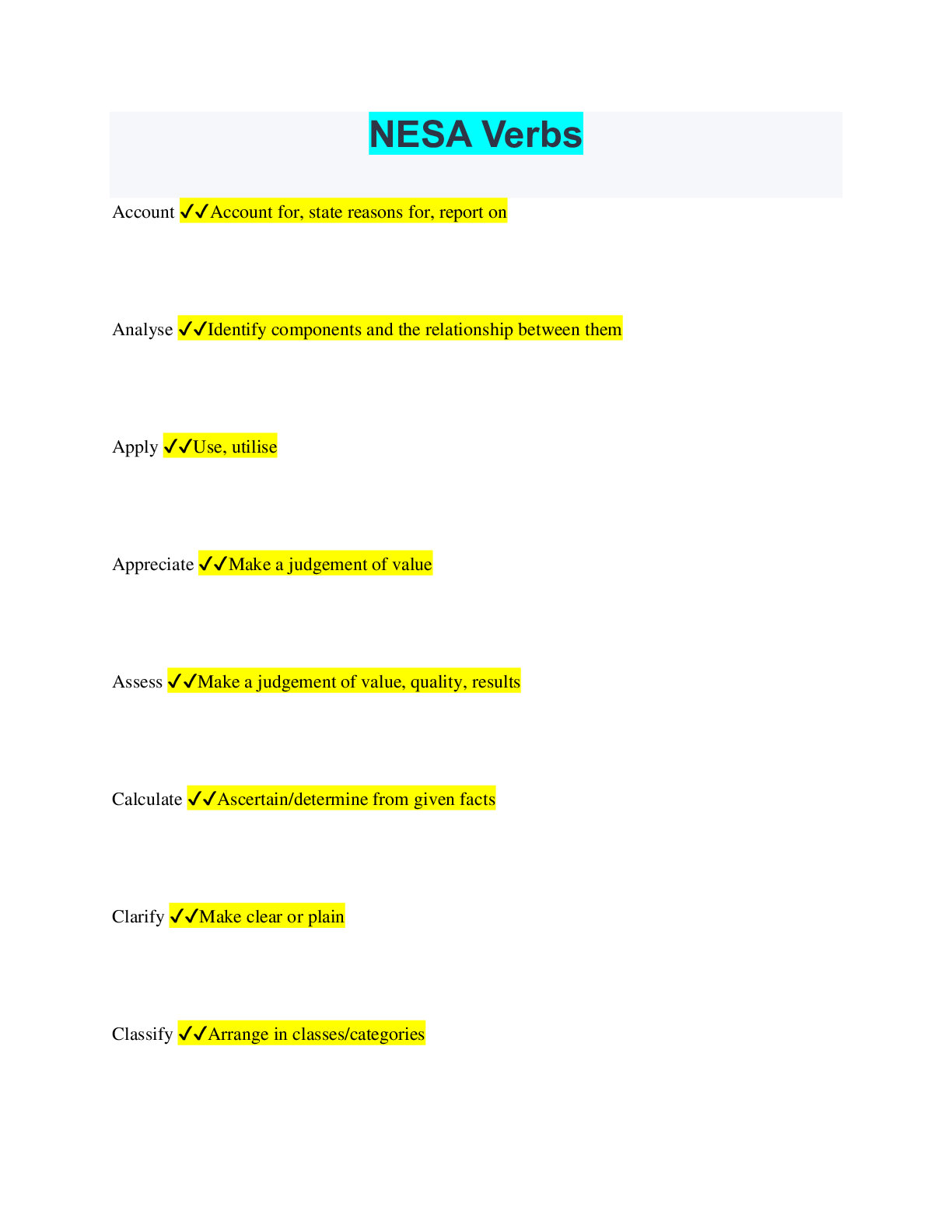 NESA Verbs – Scholarfriends - Scholarfriends