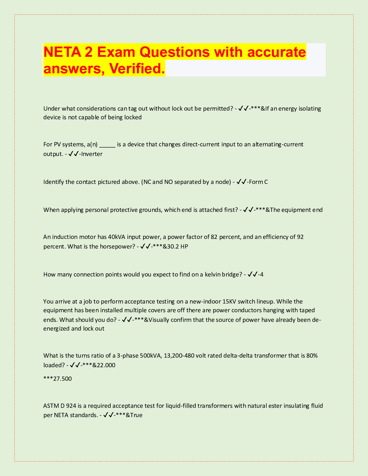 NETA 2 Exam Questions with accurate answers, Verified. - Scholarfriends