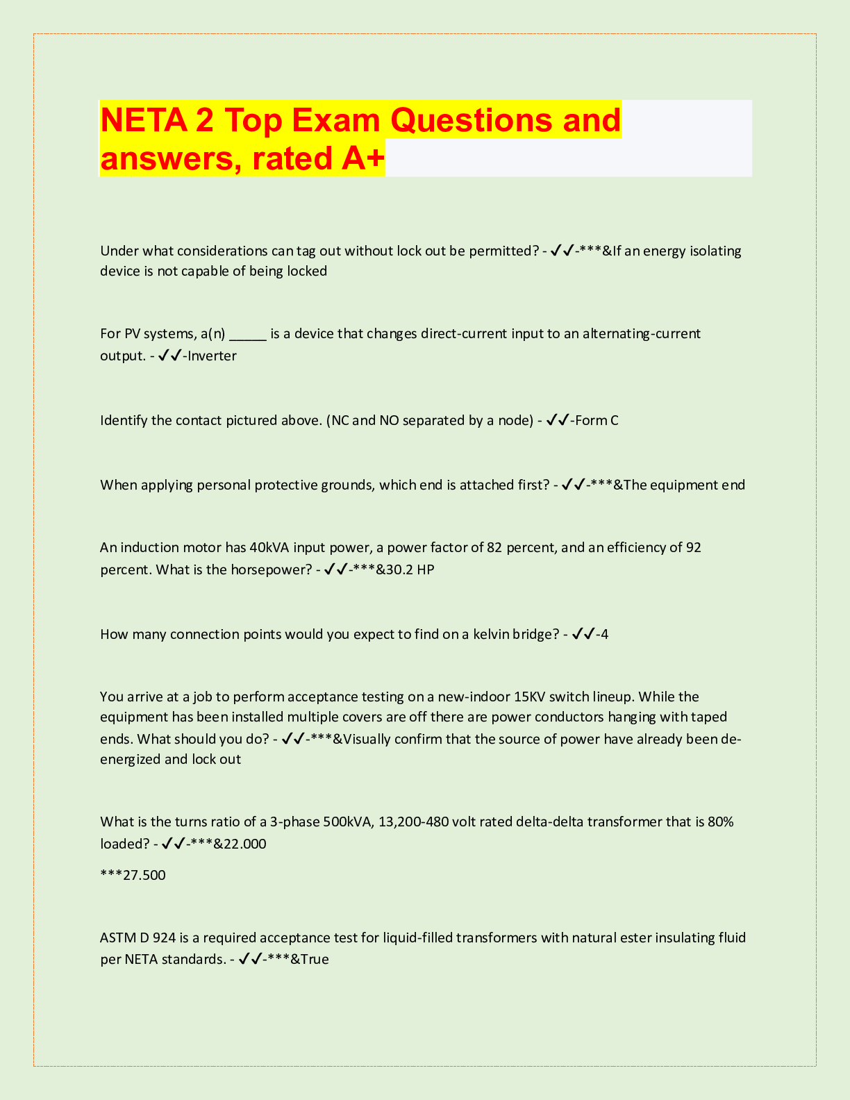 NETA 2 Top Exam Questions and answers, rated A+ - Scholarfriends