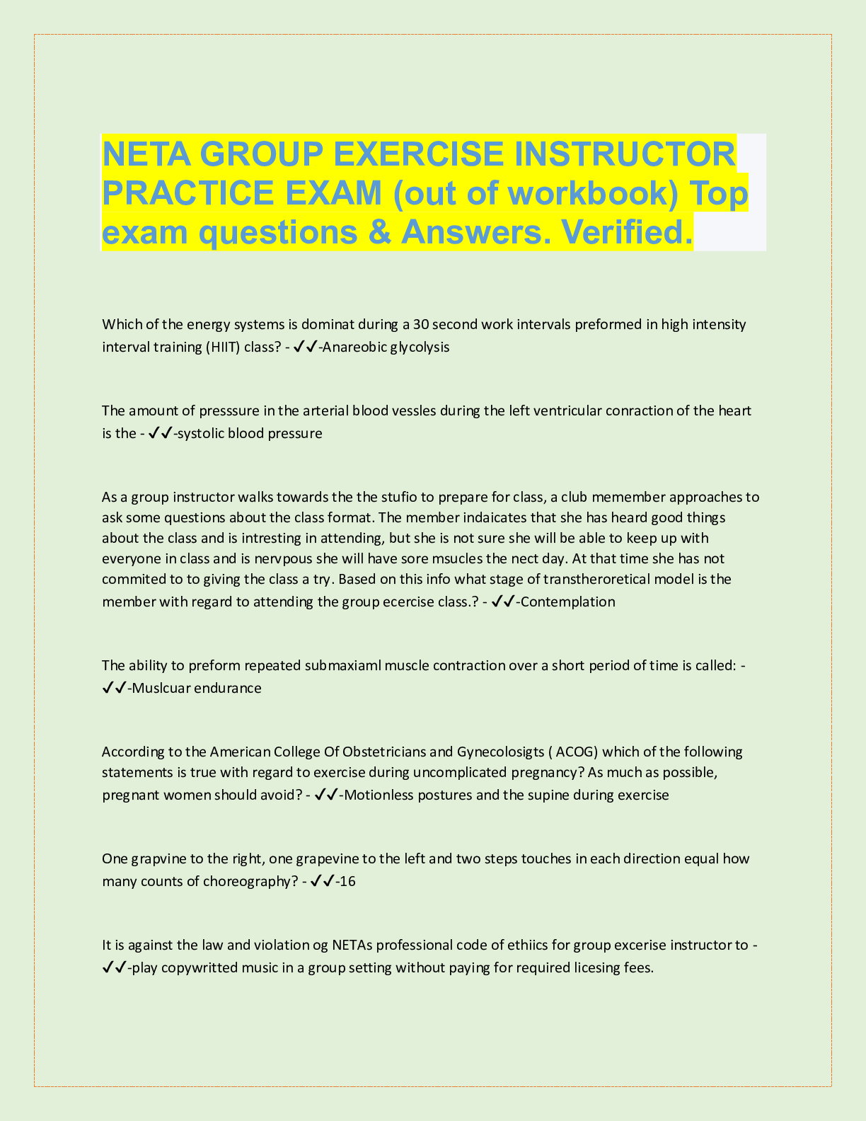 NETA GROUP EXERCISE INSTRUCTOR PRACTICE EXAM (out of workbook) Top exam ...