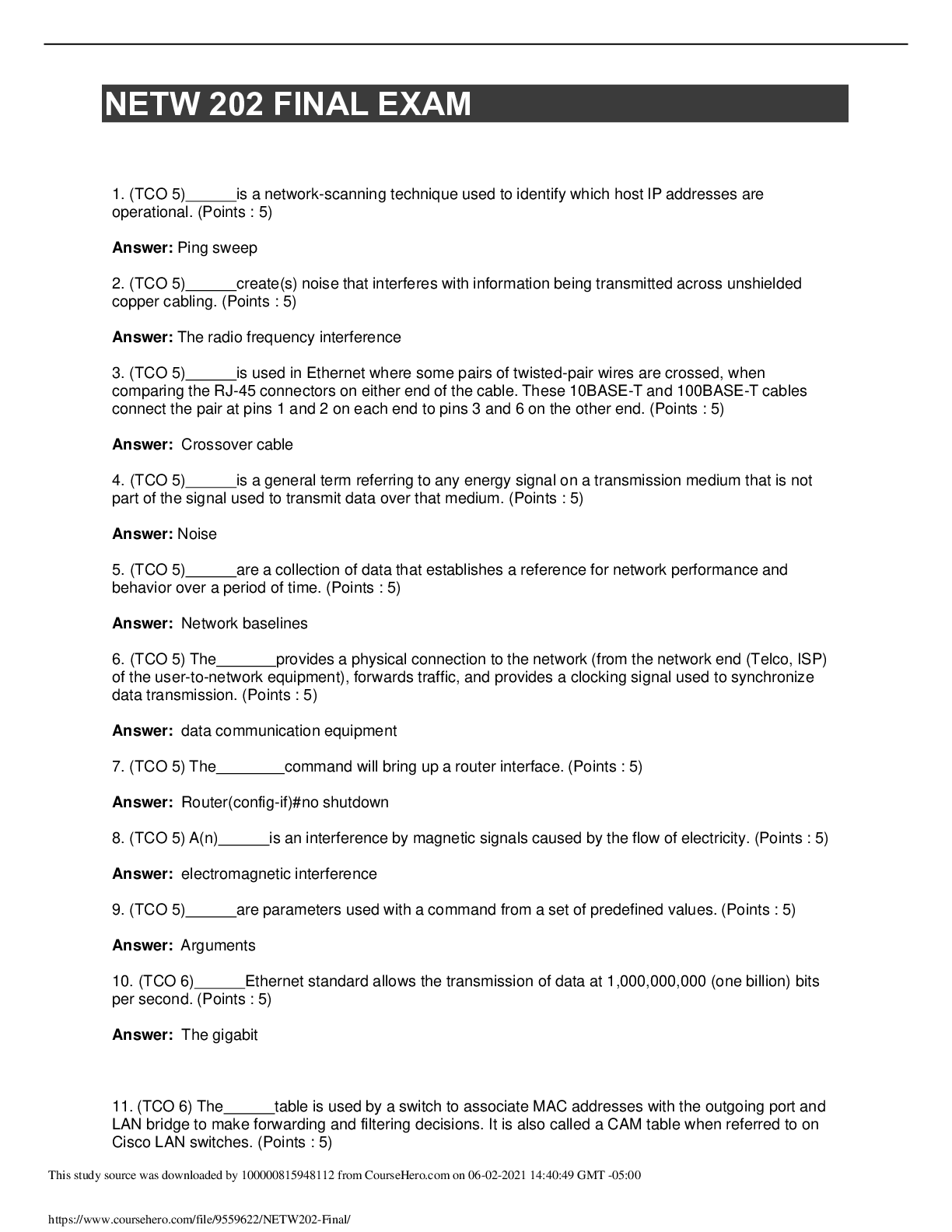 NETW 202 FINAL EXAM ANSWER,WELL EXPLAINED – Scholarfriends - Scholarfriends