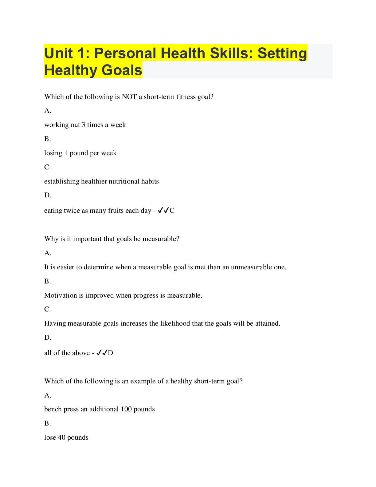 Unit 1: Personal Health Skills: Setting Healthy Goals - Scholarfriends