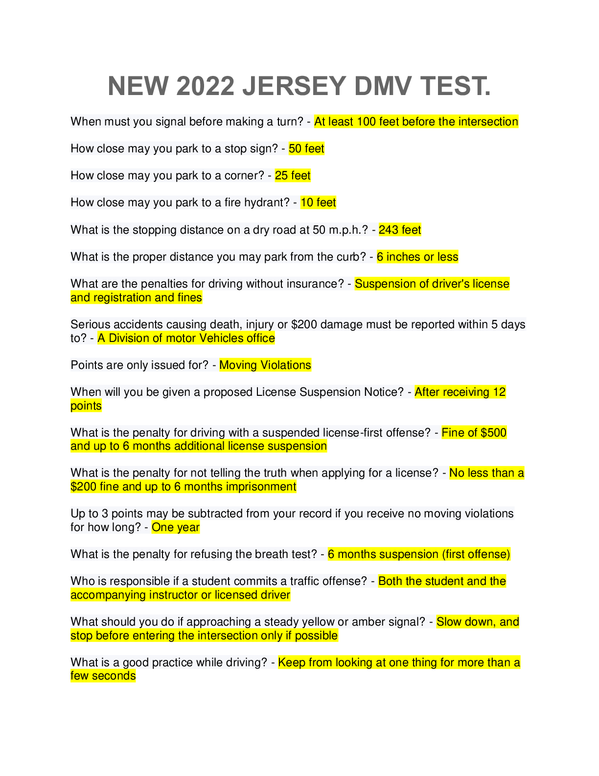 NEW JERSEY DMV TEST 100+ Q&A (all verified correct) - Scholarfriends