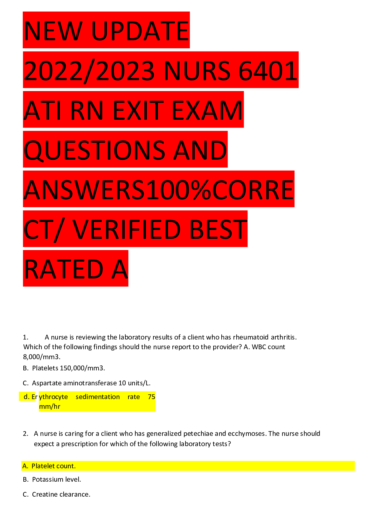 NEW UPDATE 2022/2023 NURS 6401 ATI RN EXIT EXAM QUESTIONS AND ...