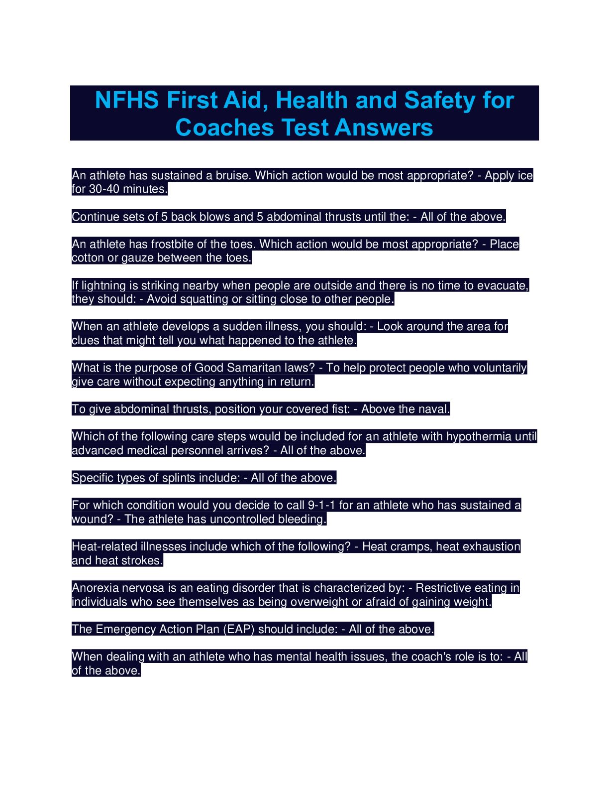 NFHS First Aid, Health and Safety for Coaches Test Answers - Scholarfriends