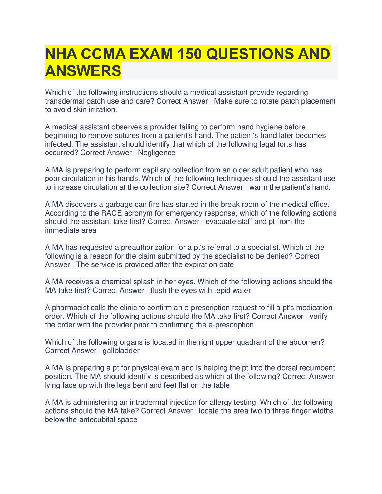 NHA CCMA EXAM 150 QUESTIONS AND ANSWERS – Scholarfriends - Scholarfriends
