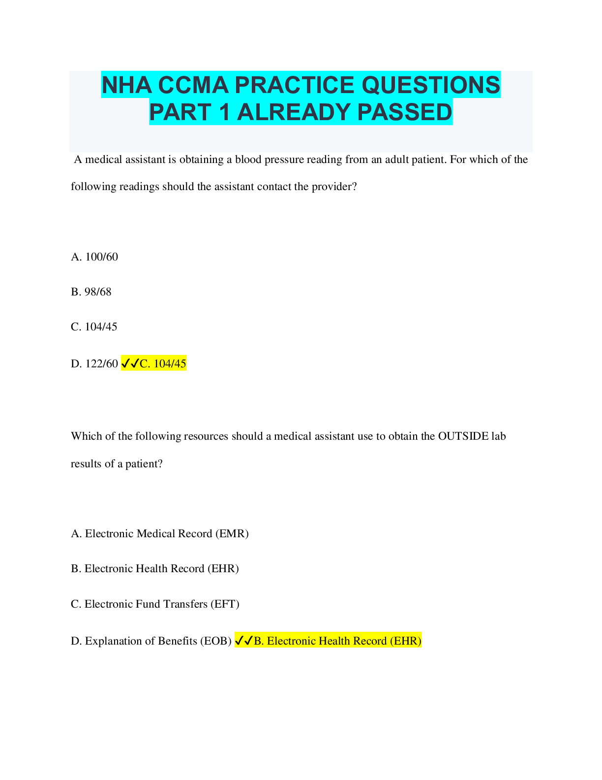 NHA CCMA PRACTICE QUESTIONS PART 1 ALREADY PASSED – Scholarfriends ...