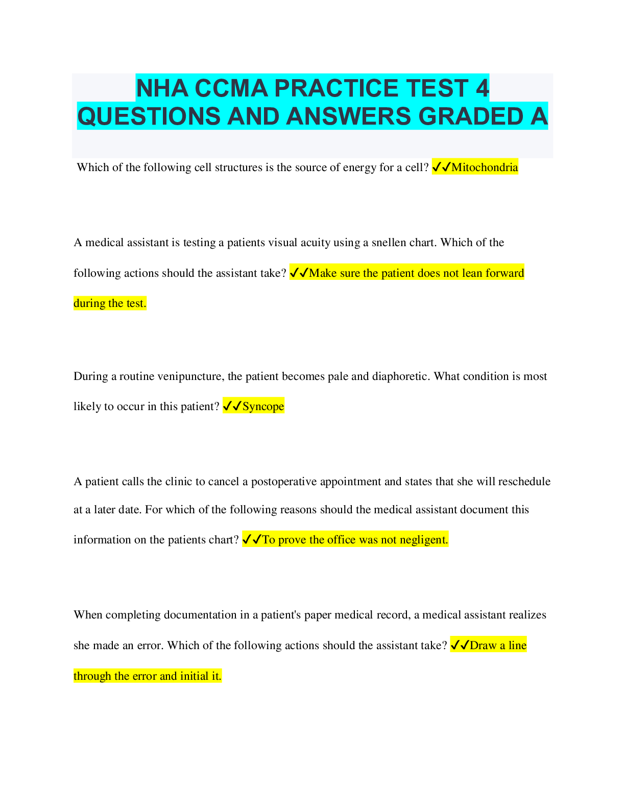 NHA CCMA PRACTICE TEST 4 QUESTIONS AND ANSWERS GRADED A - Scholarfriends