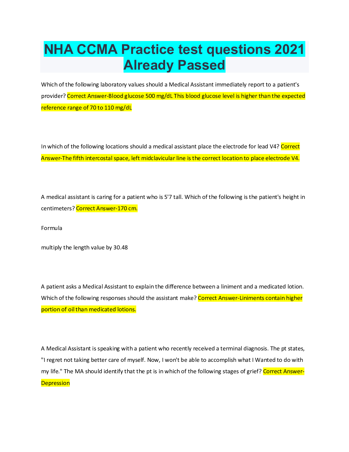 NHA: Medical Assistant (CCMA) Certification Practice Test 2.0 C Latest ...