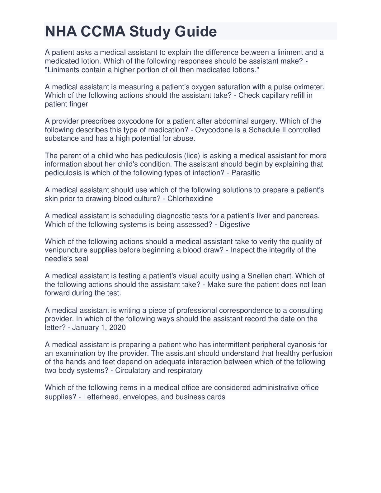 NHA CCMA Study Guide, Nha certification study guide for CCMA Questions ...