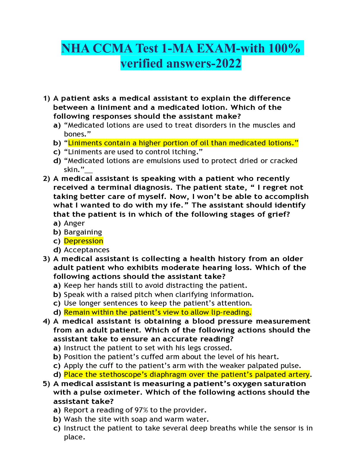 NHA CCMA Test 1-MA EXAM-with 100% verified answers-2022 - Scholarfriends