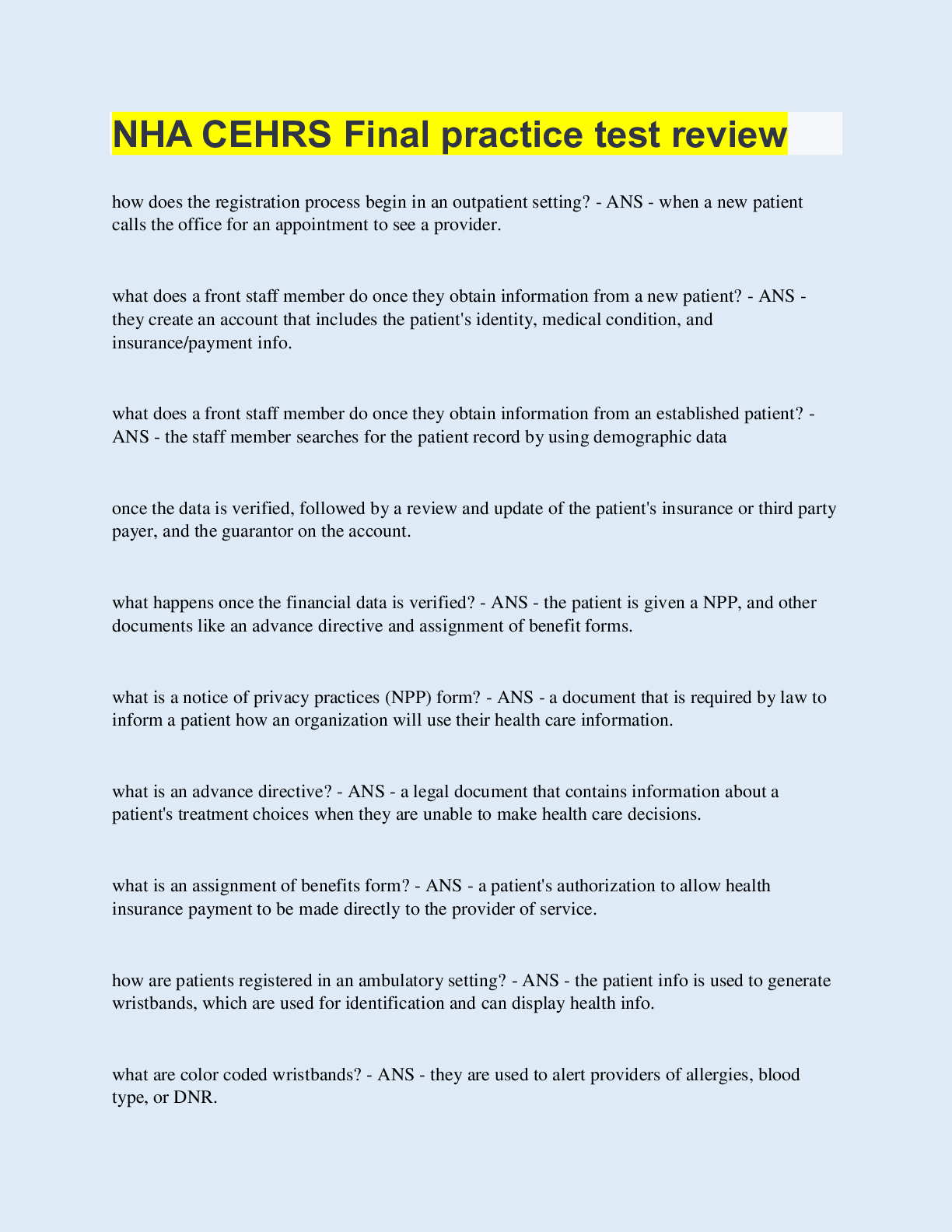 NHA CEHRS Final practice test review – Scholarfriends - Scholarfriends