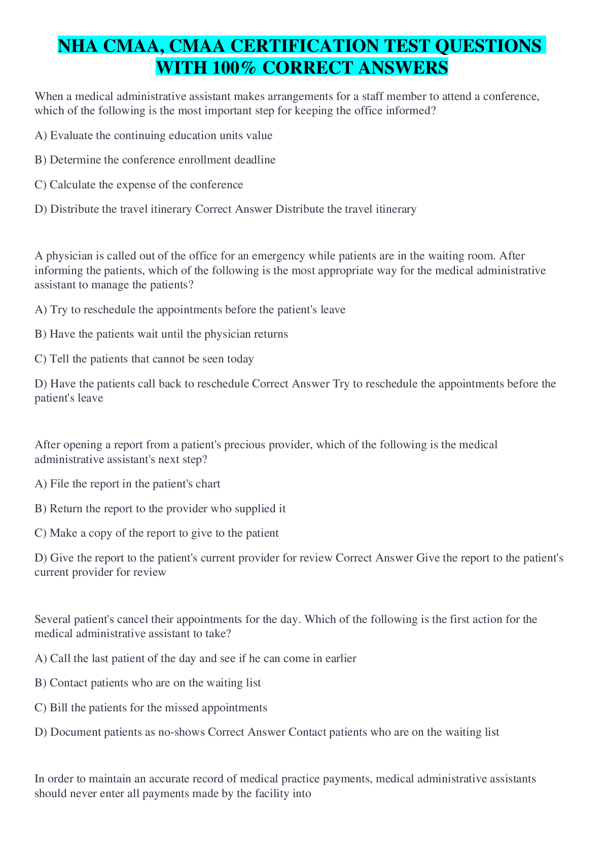 NHA CMAA, CMAA CERTIFICATION TEST QUESTIONS WITH 100% CORRECT ANSWERS ...