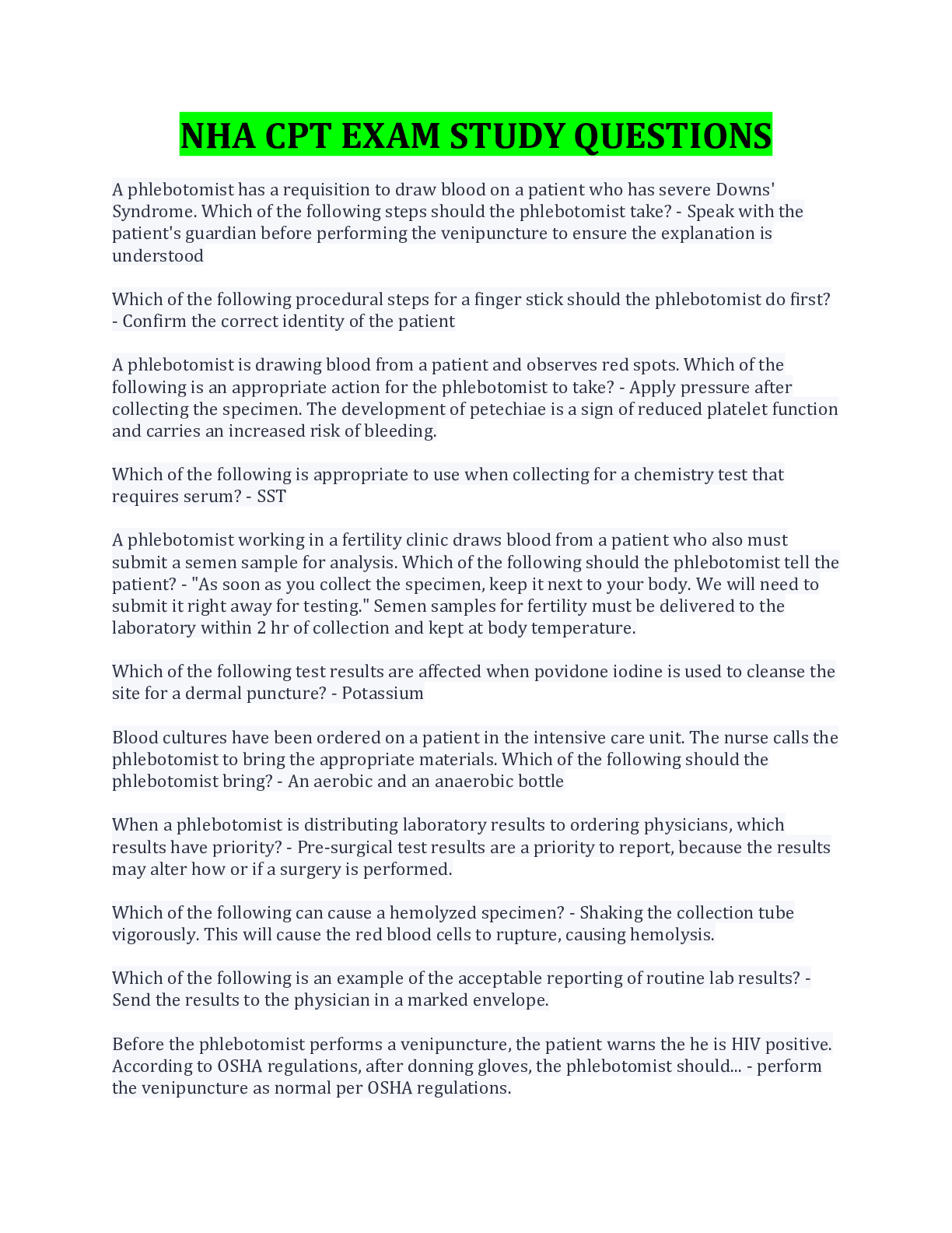 NHA CPT EXAM STUDY QUESTIONS AND ANSWERS 2022/2023 - Scholarfriends