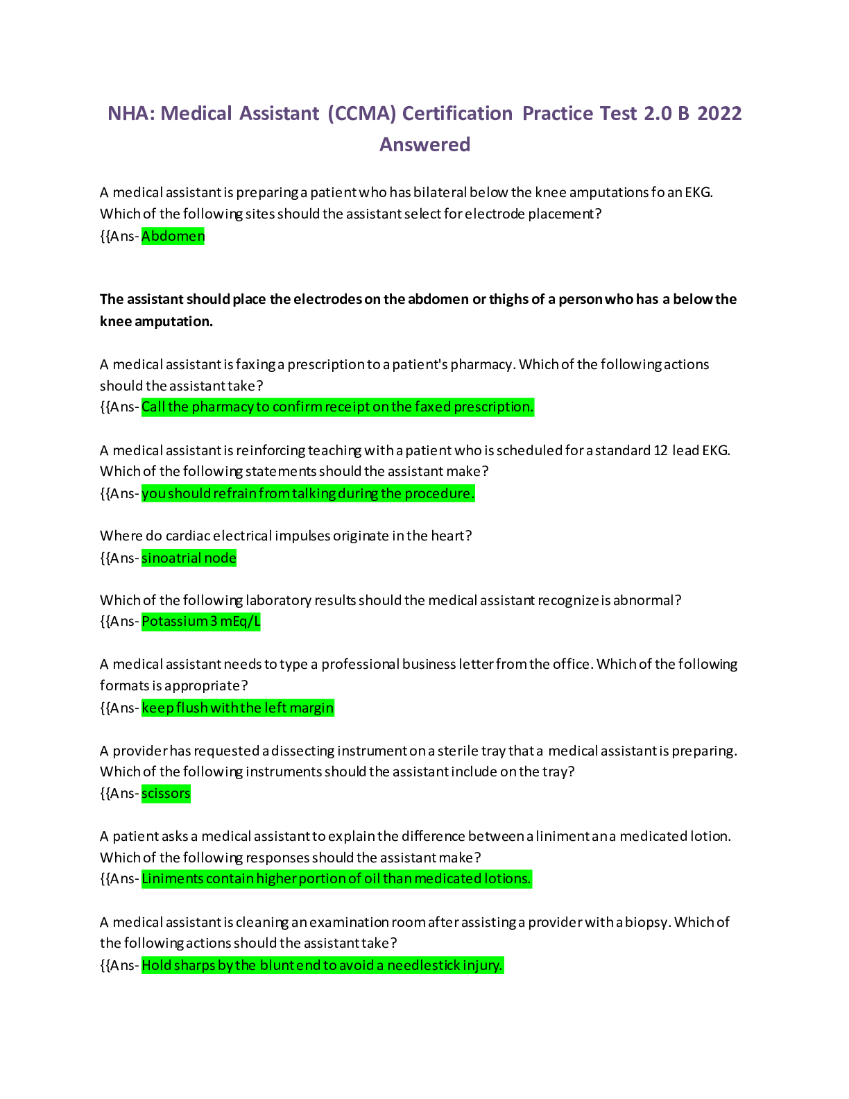 NHA: Medical Assistant (CCMA) Certification Practice Test 2.0 C Latest ...