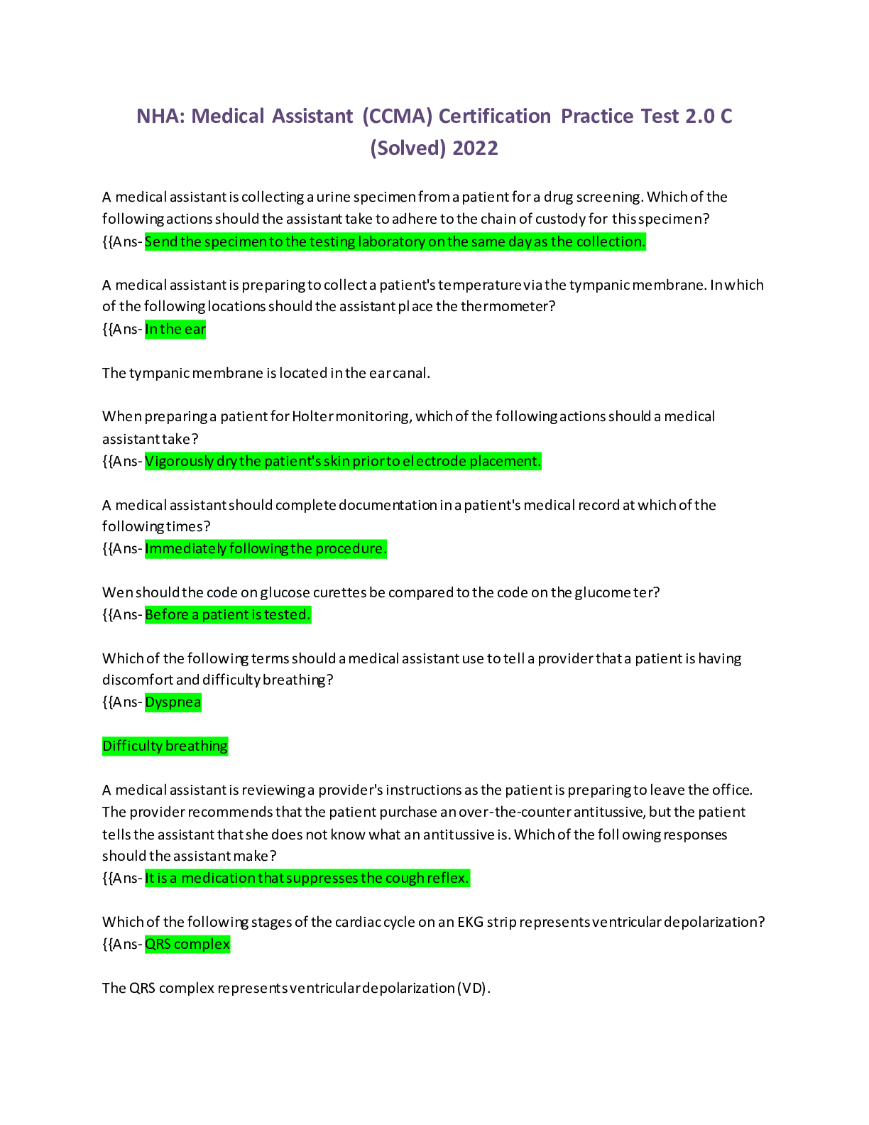 NHA: Medical Assistant (CCMA) Certification Practice Test 2.0 C Latest ...