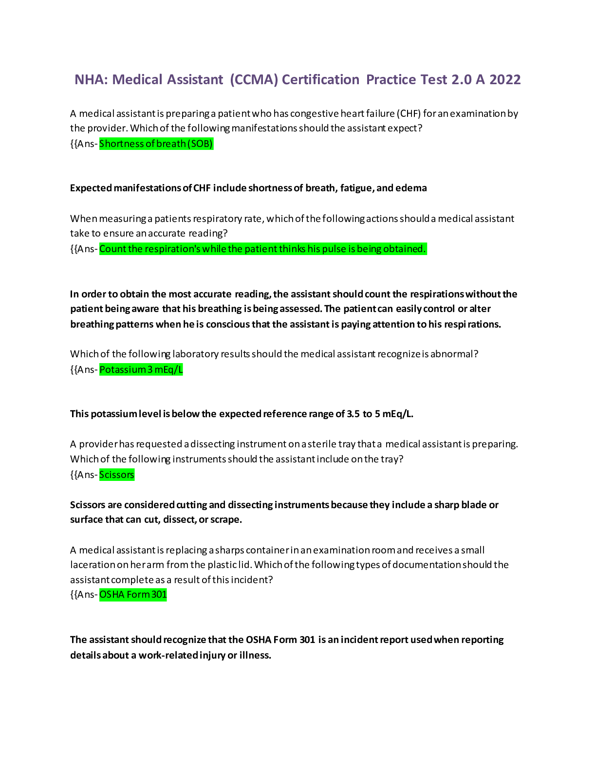 NHA: Medical Assistant (CCMA) Certification Practice Test 2.0 C Latest ...