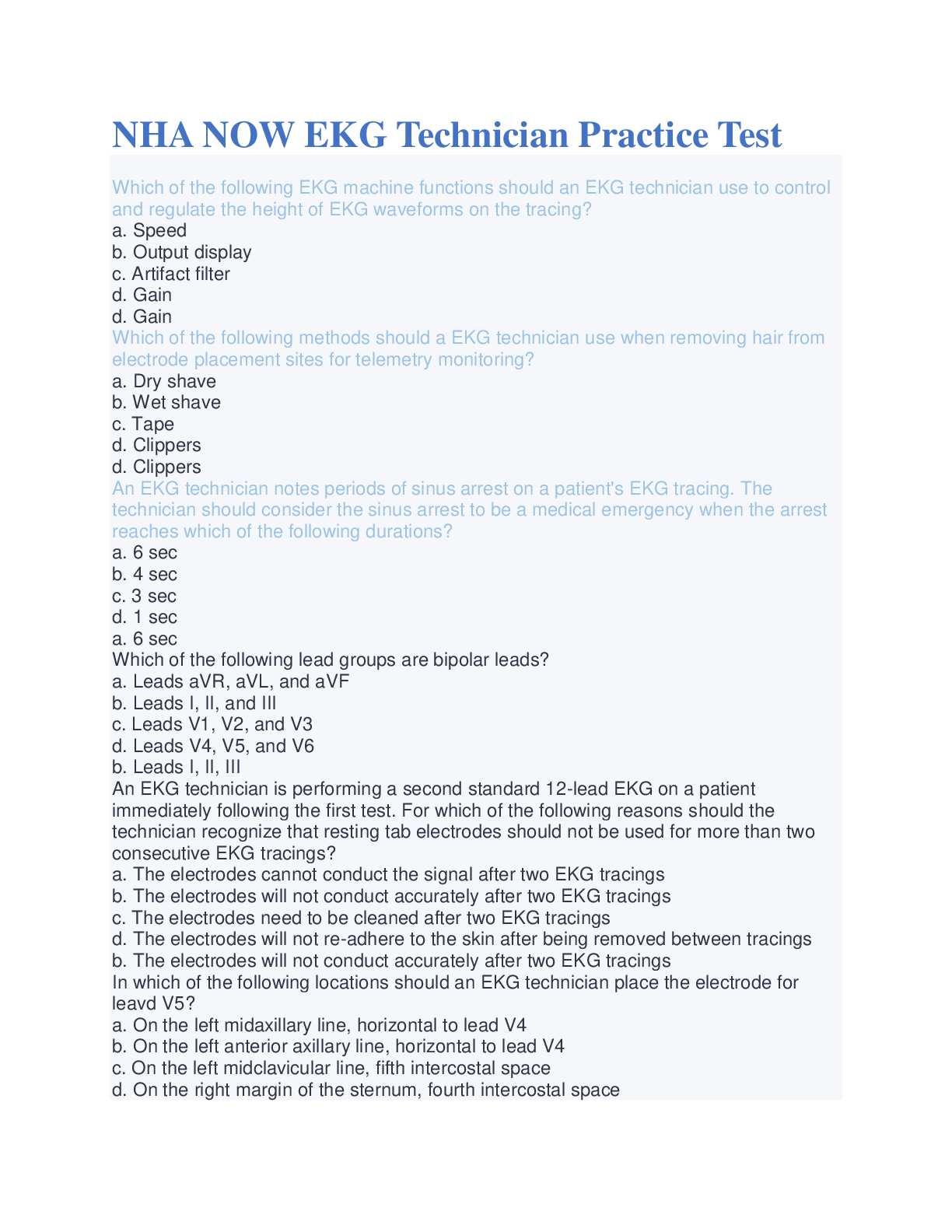 NHA NOW EKG Technician Practice Test 2022/2023 - Scholarfriends