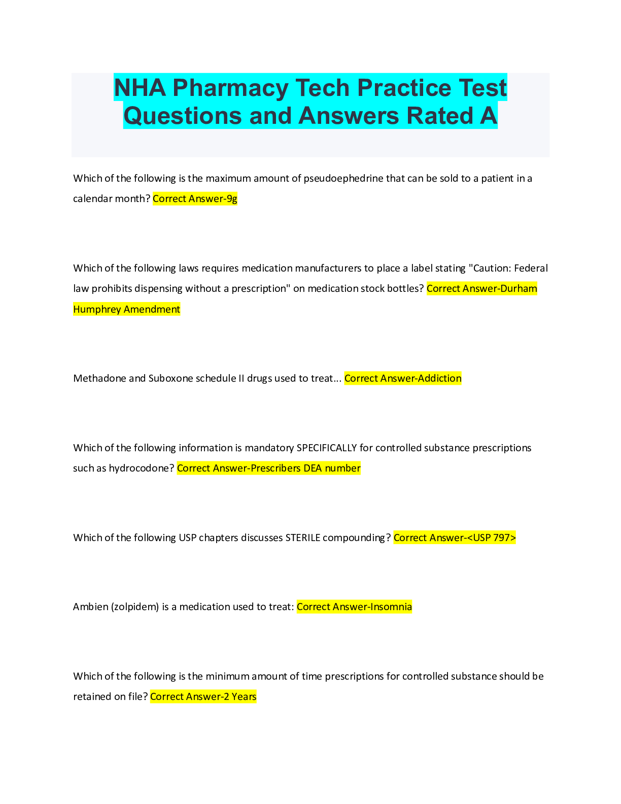 NHA Pharmacy Tech Practice Test Questions and Answers Rated A ...