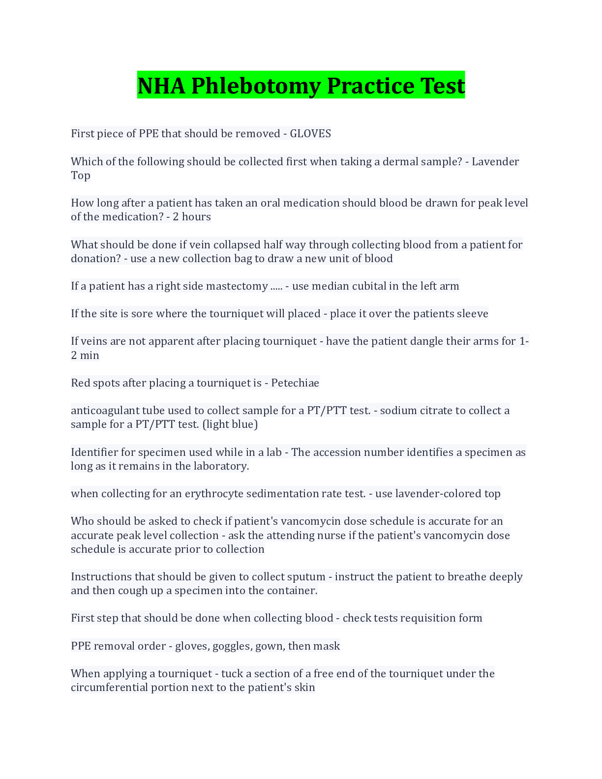 NHA Phlebotomy Practice Test Questions And Answers/ Download ...