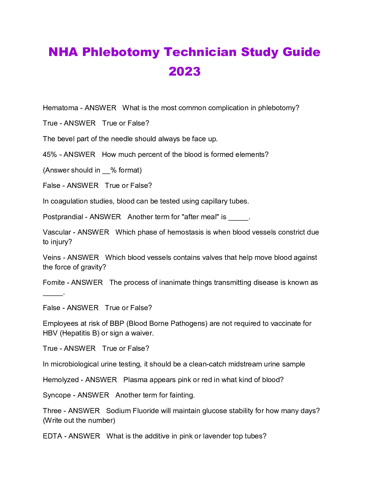 NHA Phlebotomy Technician Study Guide 2023 - Scholarfriends